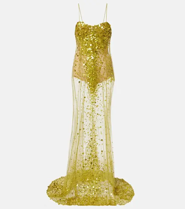 Attico Sequined Sheer Mesh Gown - Green