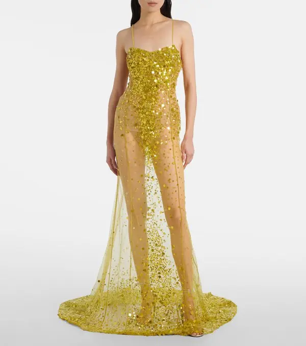 Attico Sequined Sheer Mesh Gown - Green