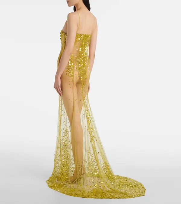 Attico Sequined Sheer Mesh Gown - Green
