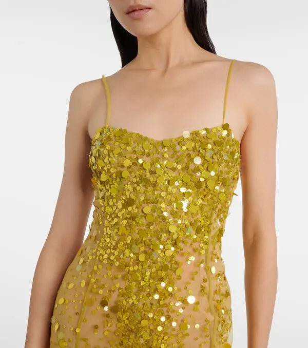 Attico Sequined Sheer Mesh Gown - Green