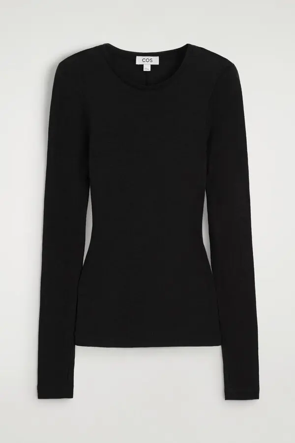 Cos Merino Wool Slim Fit Long Sleeve Top With Animal Print - Black