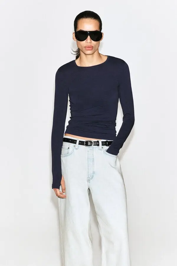Cos Merino Wool Slim Fit Long Sleeve Top With Animal Print - Navy