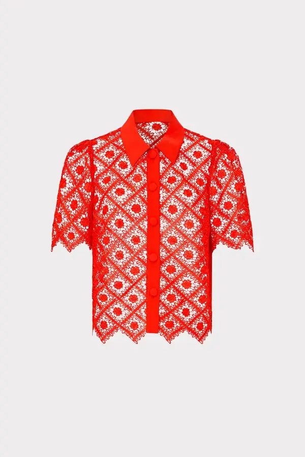 MILLY Addison Tile Lace Short Sleeve Collared Top