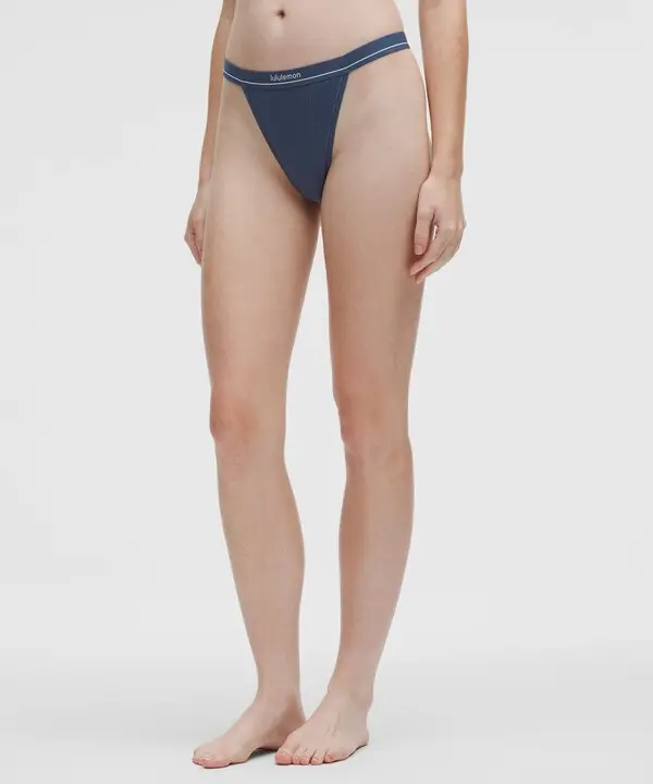 Lululemon Stretch Cotton Ribbed Logo High-rise Thong Underwear - Blue Twill