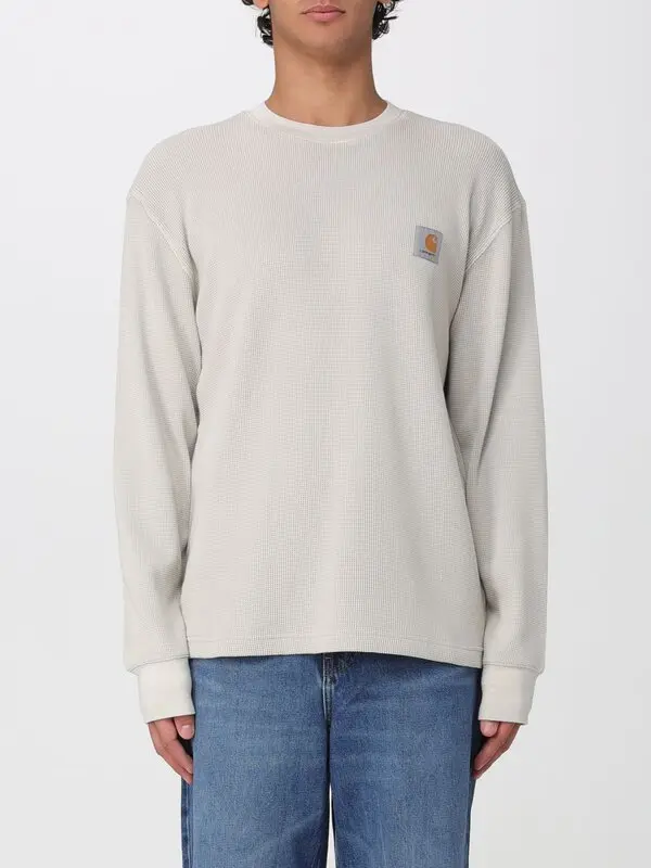 Carhartt Work In Progress Long-sleeved Cotton T-shirt With Pocket And Contrast Logo - White