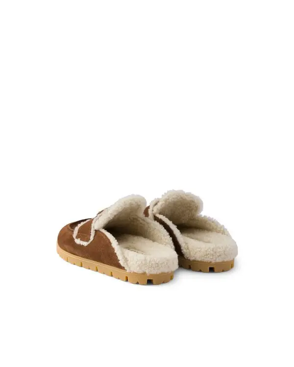 Prada Suede And Shearling Mules - Brown