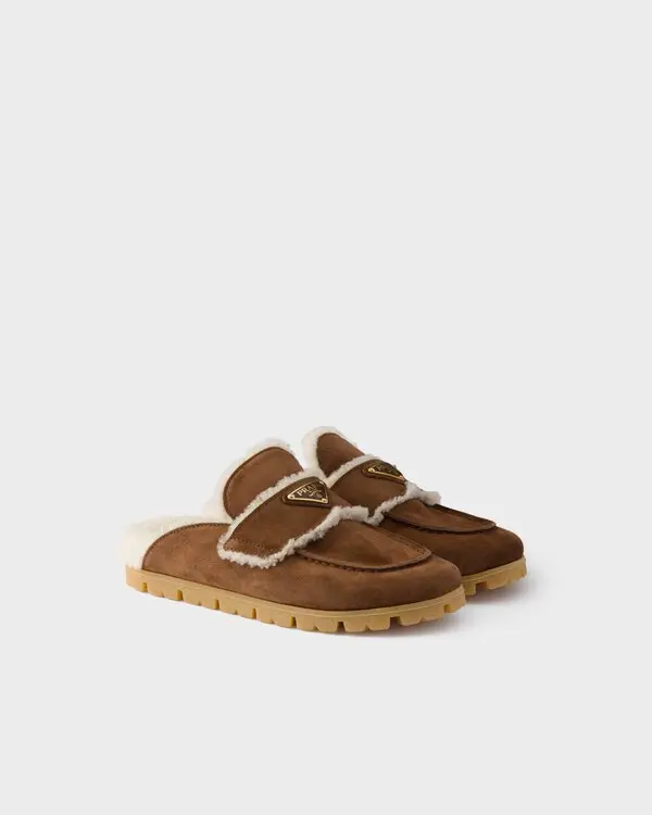 Prada Suede And Shearling Mules - Cocoa Brown