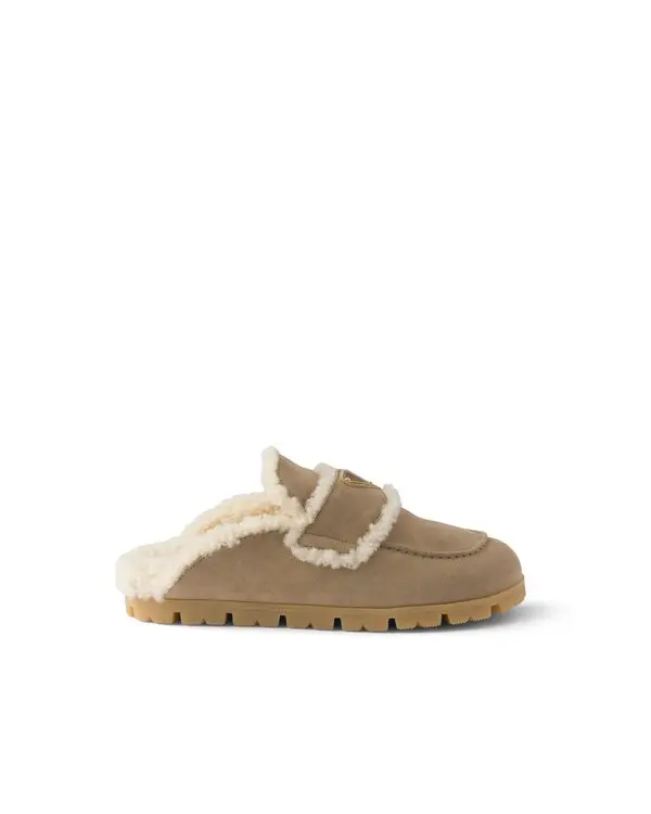 Prada Suede And Shearling Mules - Neutral