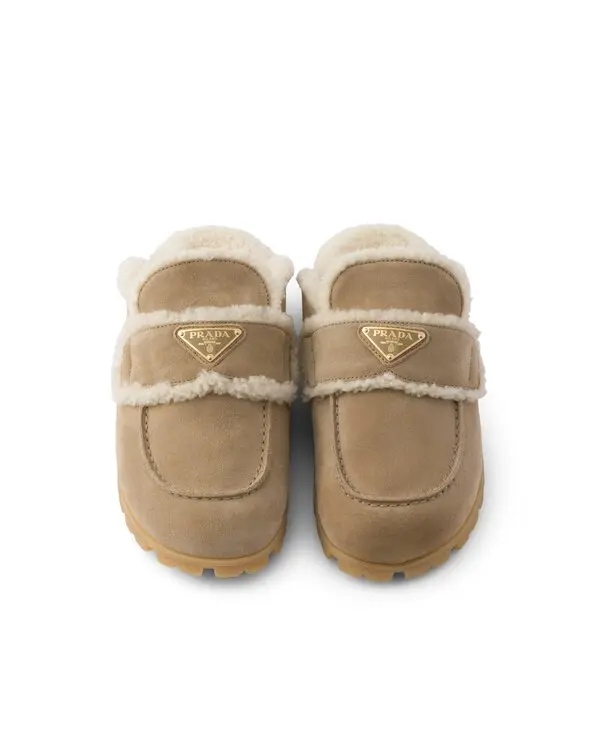 Prada Suede And Shearling Mules - Neutral