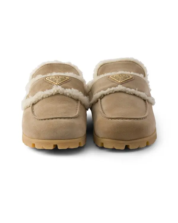 Prada Suede And Shearling Mules - Neutral