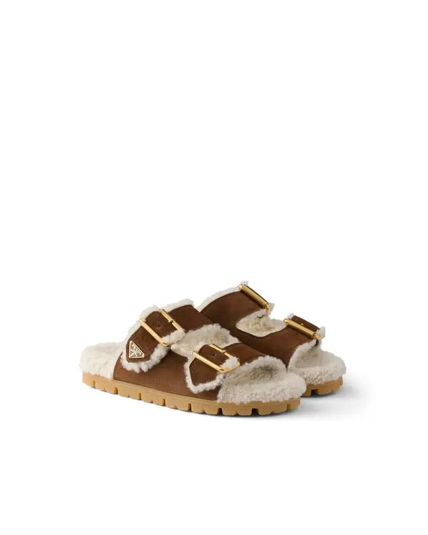 Prada Suede And Shearling Slides - Brown