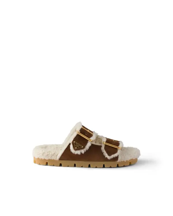 Prada Suede And Shearling Slides - Brown