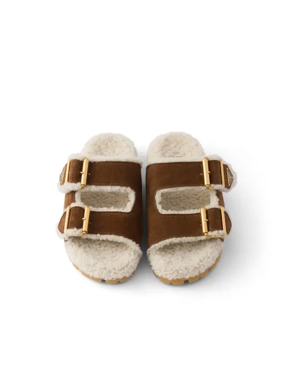 Prada Suede And Shearling Slides - Brown