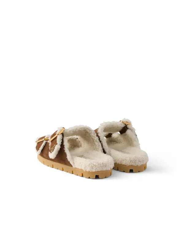 Prada Suede And Shearling Slides - Brown