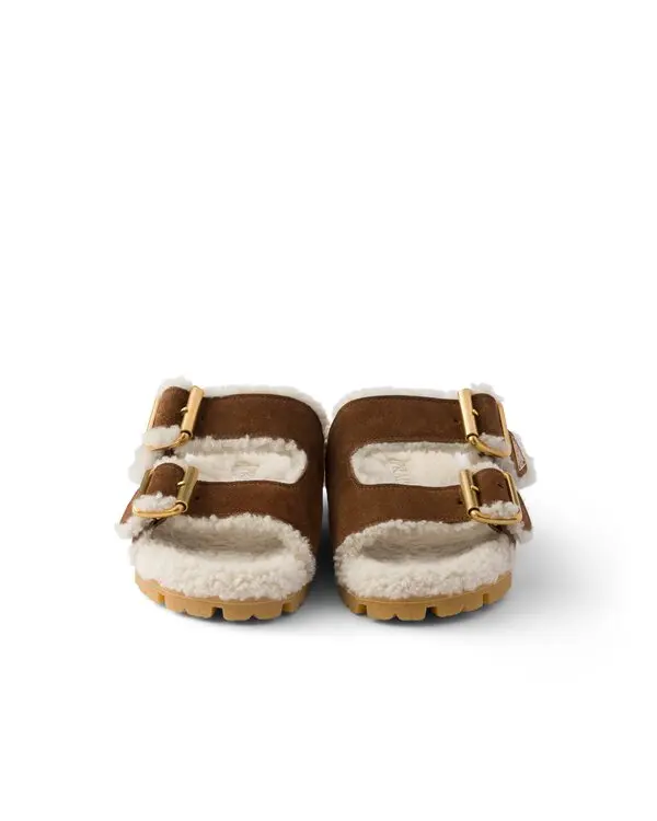 Prada Suede And Shearling Slides - Brown