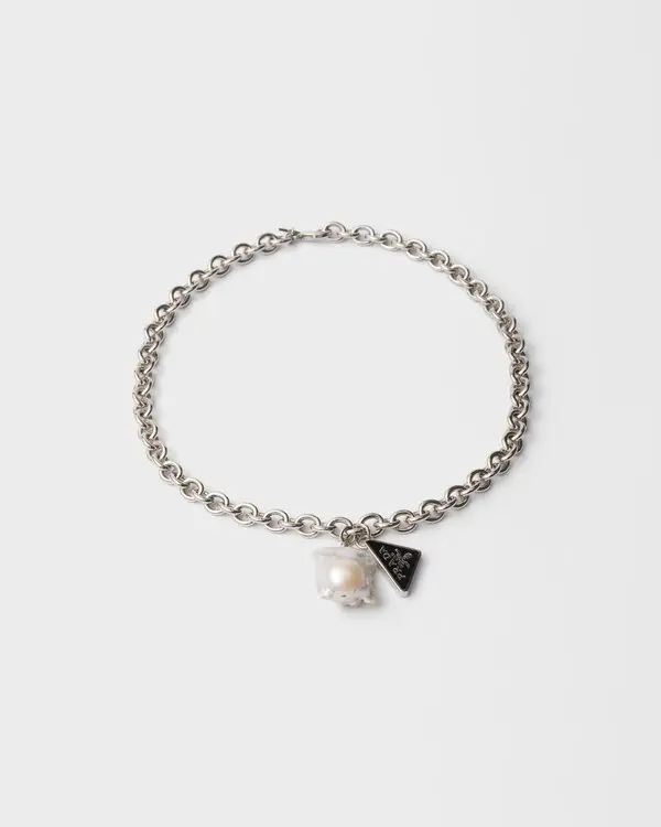 Prada Metal Necklace With Pearl - Steel/pearl