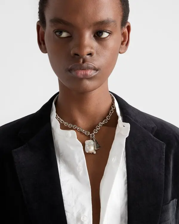 Prada Metal Necklace With Pearl - Steel/pearl
