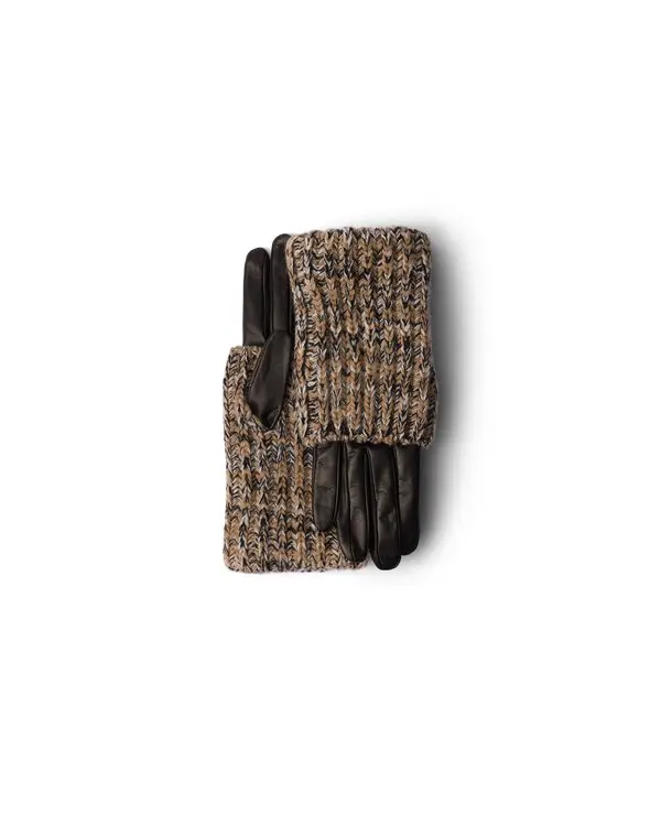 Prada Nappa Leather And Mélange Knit Gloves - Brown