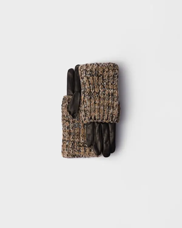 Prada Nappa Leather And Mélange Knit Gloves - Camel/black