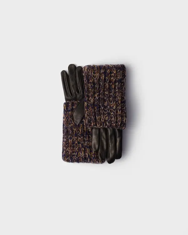 Prada Nappa Leather And Mélange Knit Gloves - Navy Blue/rust