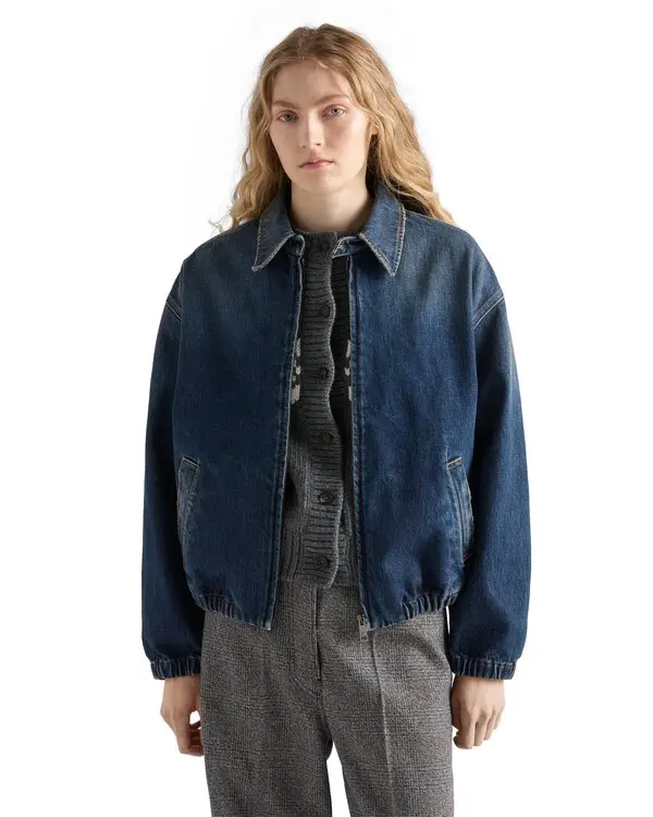 Prada Washed Denim Blouson Jacket - Blue