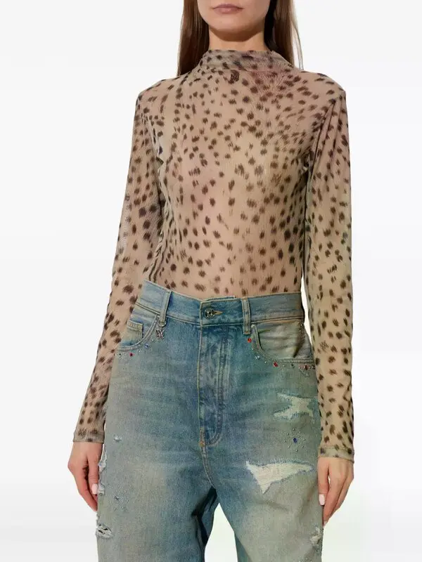 Amiri Deer Print Sheer Mesh Long Sleeve Top - Neutrals