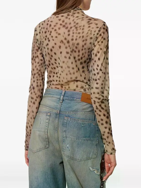 Amiri Deer Print Sheer Mesh Long Sleeve Top - Neutrals