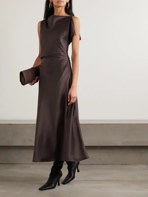 Buy LA LIGNE Asymmetric Draped Satin Maxi Dress - Brown At 30% Off |  Editorialist