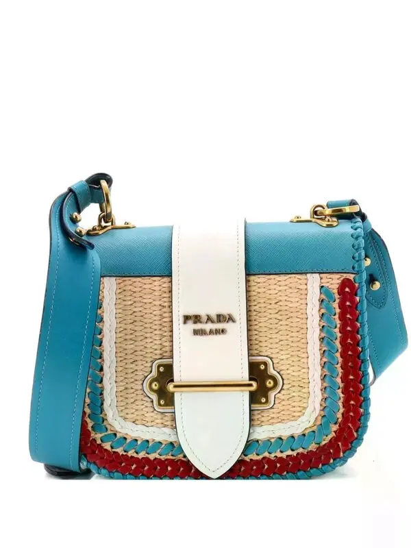 Prada Cahier Rounded Leather And Straw Small Crossbody Bag