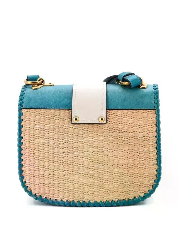 Prada Cahier Rounded Leather And Straw Small Crossbody Bag