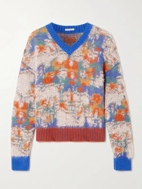 MOTHER Cropped Intarsia-knit Sweater - Blue