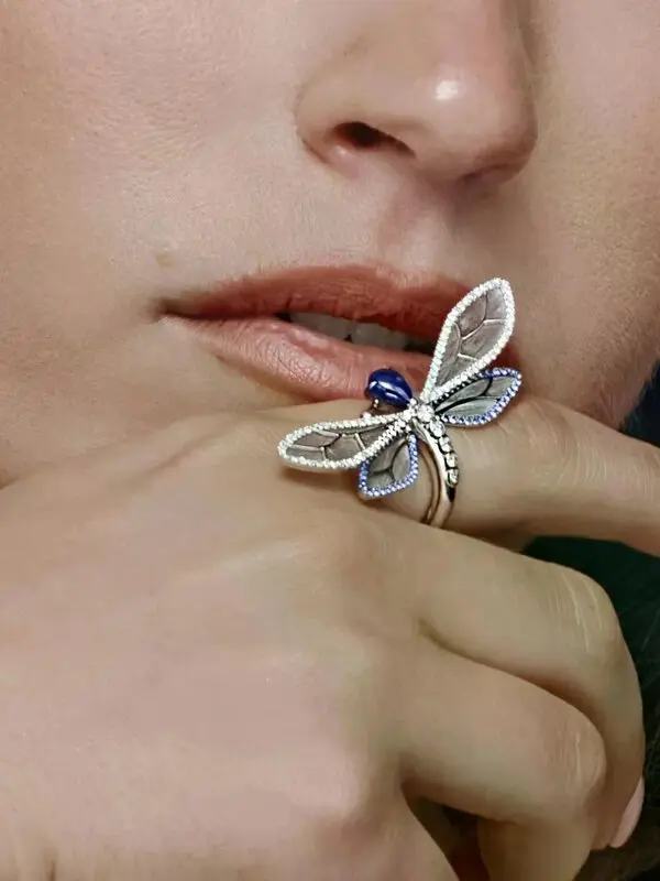 JEWELS AFICIONADO 18k White Gold Diamond And Sapphire Dragonfly Ring - Silver