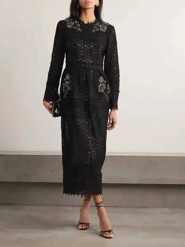 Crystal-embellished Cotton Guipure Lace Midi Dress