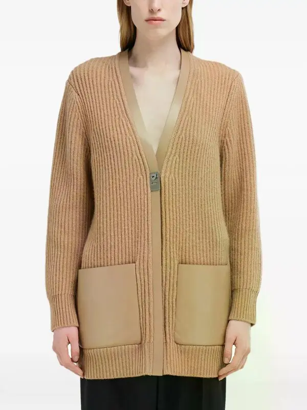 FERRAGAMO Leather-trim Ribbed Cardigan With Buckle - Neutrals