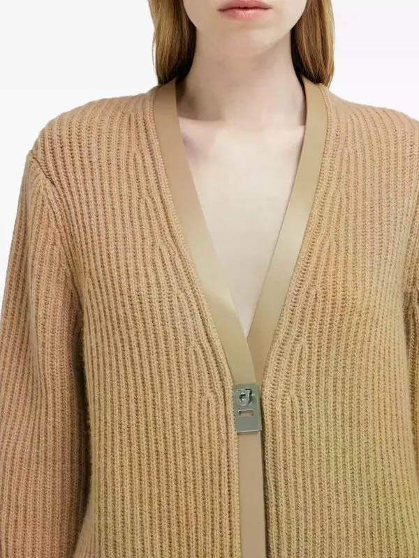 FERRAGAMO Leather-trim Ribbed Cardigan With Buckle - Neutrals