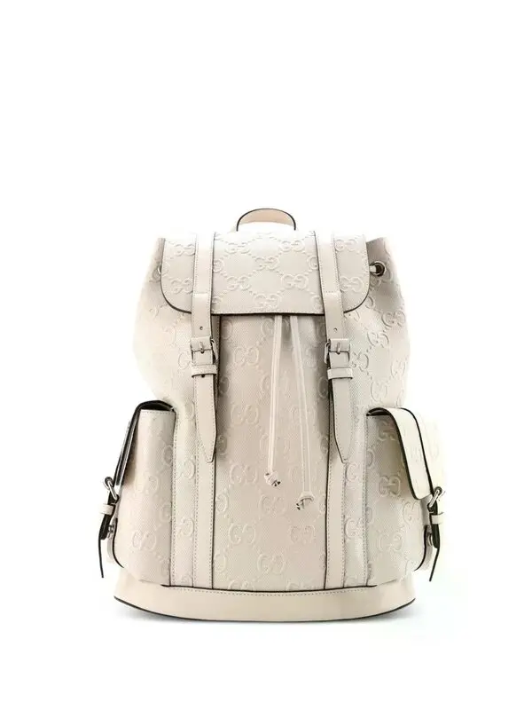 Gucci Double Buckle Gg Embossed Perforated Leather Large Backpack - White