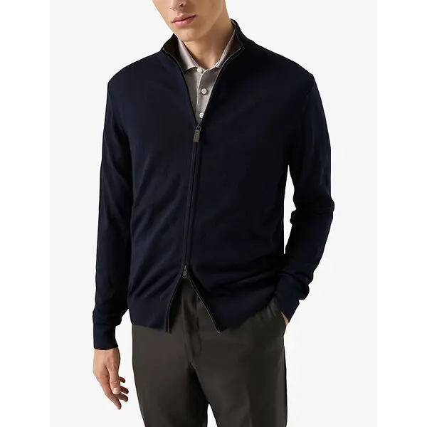 Eton Zip-up Knitted Wool Cardigan - Navy Blue