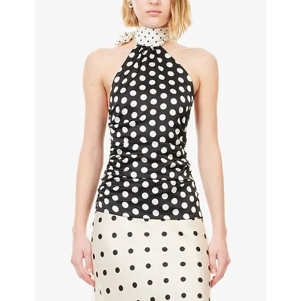 AMY LYNN Polka Dot Scarf-neck Satin Top