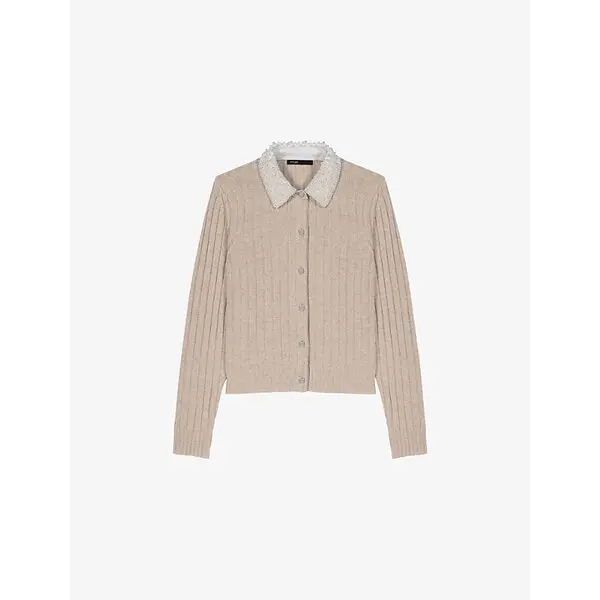 Maje Stretch Wool-blend Cardigan With Removable Beaded Collar - Beige