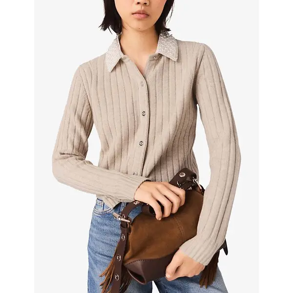 Maje Stretch Wool-blend Cardigan With Removable Beaded Collar - Beige