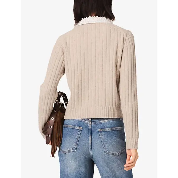 Maje Stretch Wool-blend Cardigan With Removable Beaded Collar - Beige