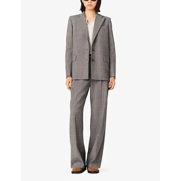 Maje Checked Stretch Wool-blend Single-breasted Blazer - Grey