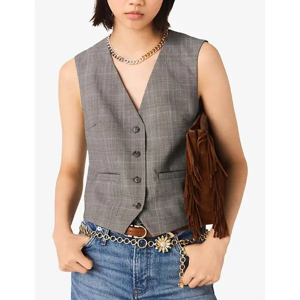 Maje Checked Stretch Wool-blend Waistcoat