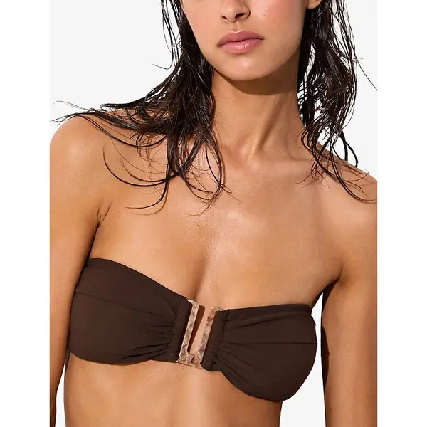REISS Carina Removable-strap Stretch-woven Bikini Top - Chocolate