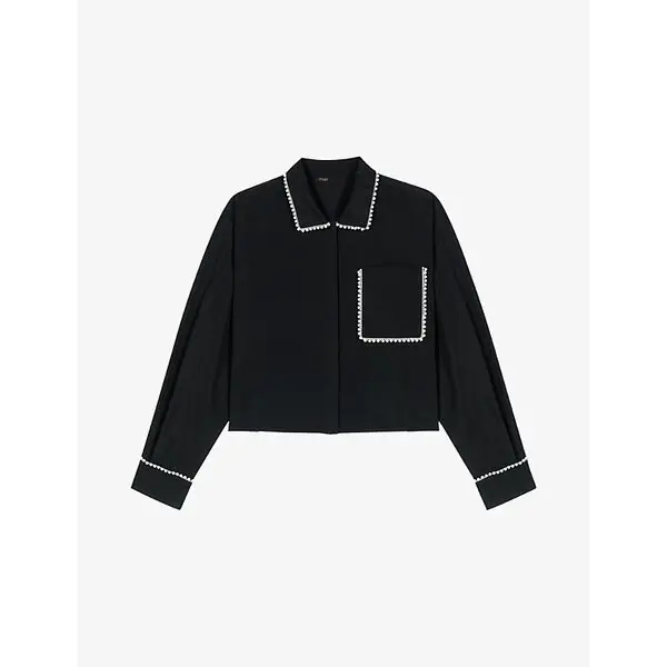 Maje Cropped Embroidered-trim Woven Shirt
