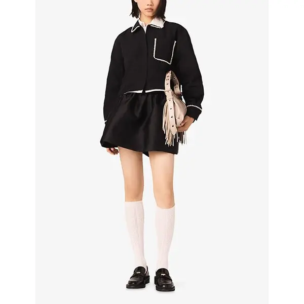 Maje Cropped Embroidered-trim Woven Shirt