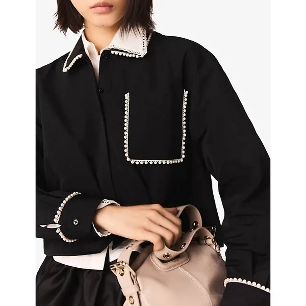 Maje Cropped Embroidered-trim Woven Shirt