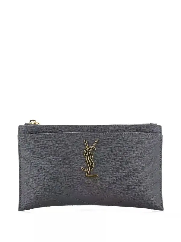 Saint Laurent Classic Monogram Zip Bill Matelasse Chevron Leather Medium Pouch - Grey