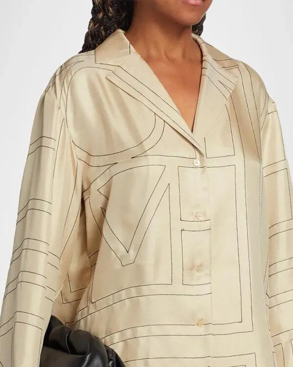 TOTEME Monogram-embroidered Silk Pajama Top - Ivory Mono