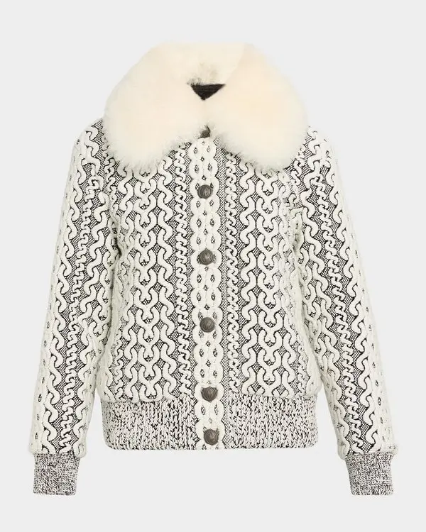 Moncler Beille Detachable Shearling Collar Bomber Jacket - White
